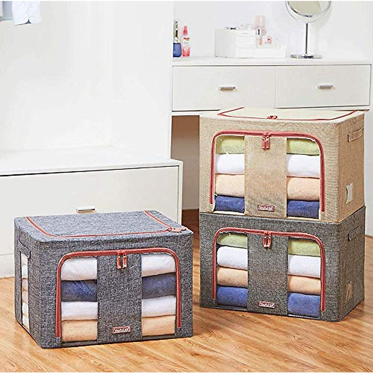 BOLLAER Flodable Storage Box, Oxford Cloth Steel Frame Shelf Storage Bag Quilt Clothing Blanket Container Organizer See-Through Window Double Zipper (100L)