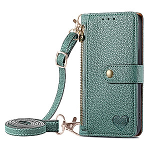 ONV Flip Case for Samsung Galaxy M53 5G - Adjustable Crossbody Lanyard Zipper Cash Pocket Wallet Leather Case Card Holder Stand Metal Close Cover for Samsung Galaxy M53 5G [AX]-Green