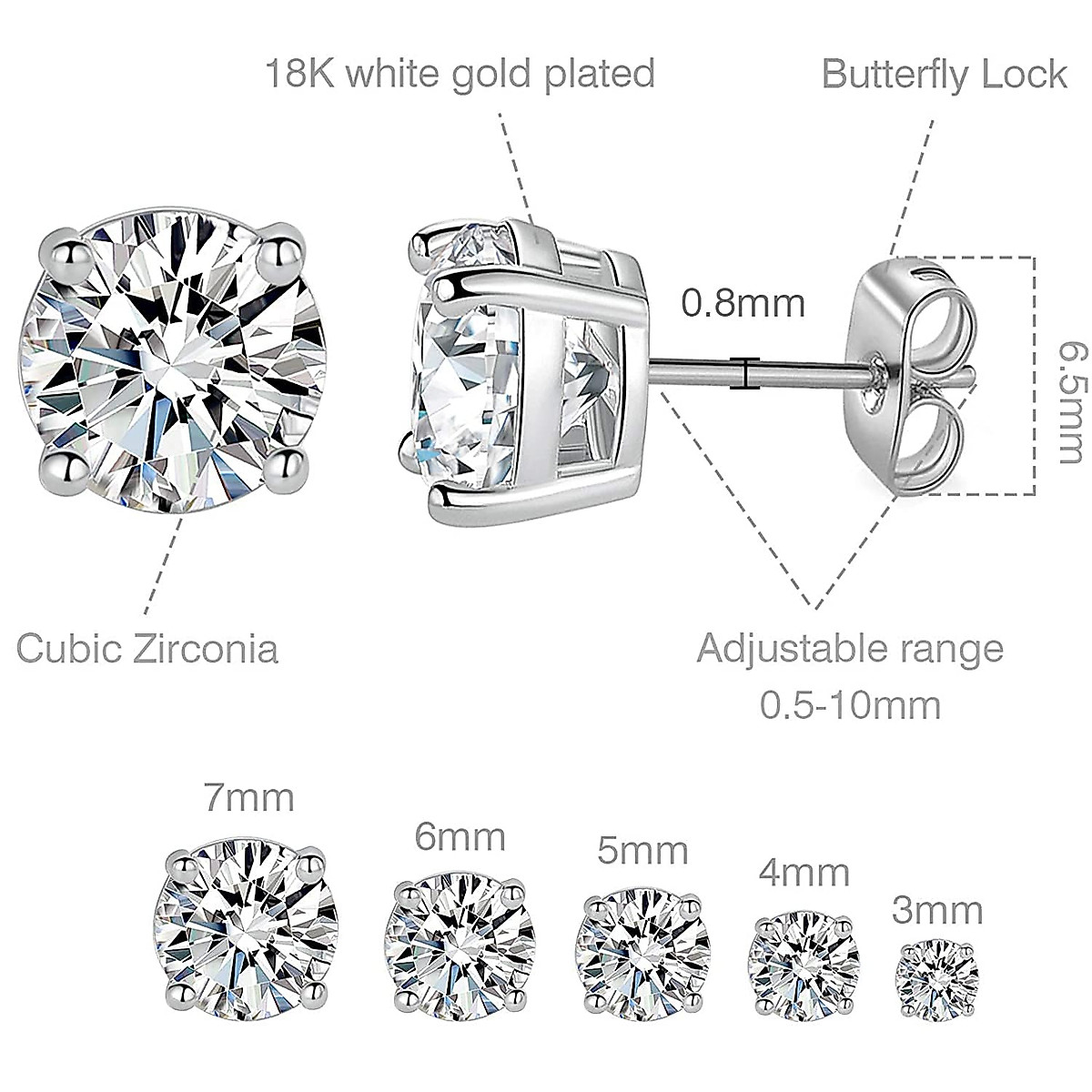 18K Gold Plated 4 Prong Graduated Round Clear Cubic Zirconia Stud Earring Set for Women (5 Pairs) (A-white gold plated)