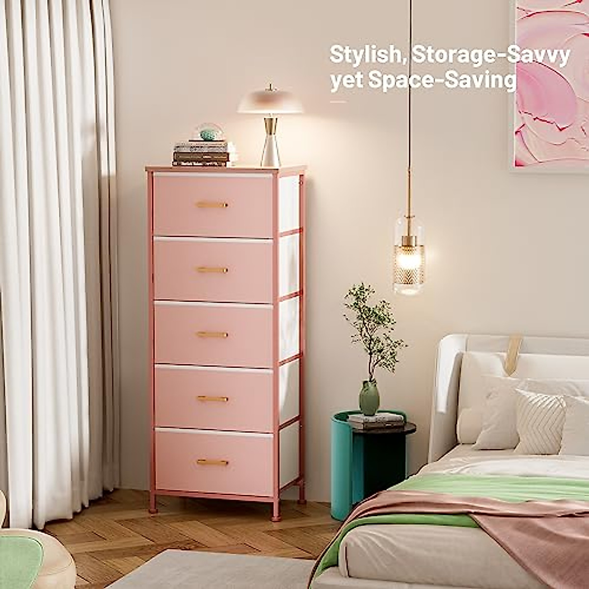 YILQQPER Dresser for Bedroom with 5 Drawers, Tall Storage Tower for Closet, Living Room, Nursery, Pink Dresser for Girl with Sturdy Steel Frame, Fabric Bins, Leather Finish, Wood Top, Pink
