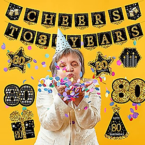 80th birthday decorations for men - (21pack) cheers to 80 years black gold glitter banner for women, 6 paper Poms, 6 Hanging Swirl, 7 decorations stickers. 80 Years Old Party Supplies gifts for men