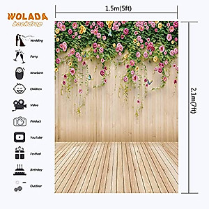 WOLADA 5x7FT Flower Wall Backdrop Spring Backdrop Spring Floral Photo Backdrop Brown Wood Plank Flower Wall Photography Backdrop Girl Birthday Party Wedding Shower Photography Background 8909