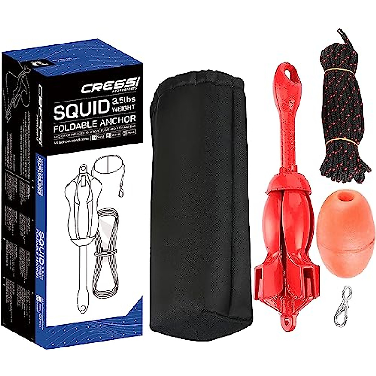 Cressi Foldable Anchor Set for Stand-Up Paddle Board - 3.5 lb, 33 ft Rope - Squid: Designed in Italy
