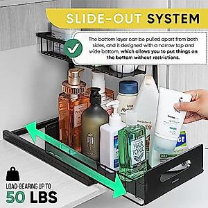Under Sink Organizer,Metal Pull Out Kitchen Cabinet Organizer with Sliding Drawer,Sturdy Multi-Functional for Bathroom Organization,Black