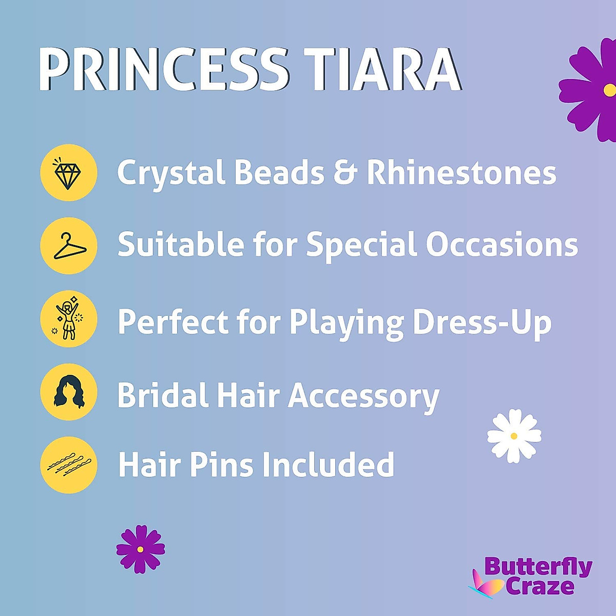 Butterfly Craze Princess Crown Comb Mini Tiara for Kids - Ideal for Wedding Entourage like Flower Girls, Add a Touch of Royalty to Your Child's Birthday Party, Perfect for Dress Up, Pretend Play
