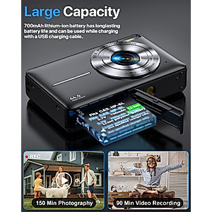 Digital Camera, FHD 1080P Kids Camera 44MP Compact Digital Camera with 32GB Card, 1 Batteries 16X Digital Zoom Point and Shoot Digital Cameras Gift for Kids Boys Girls Teens (Black)