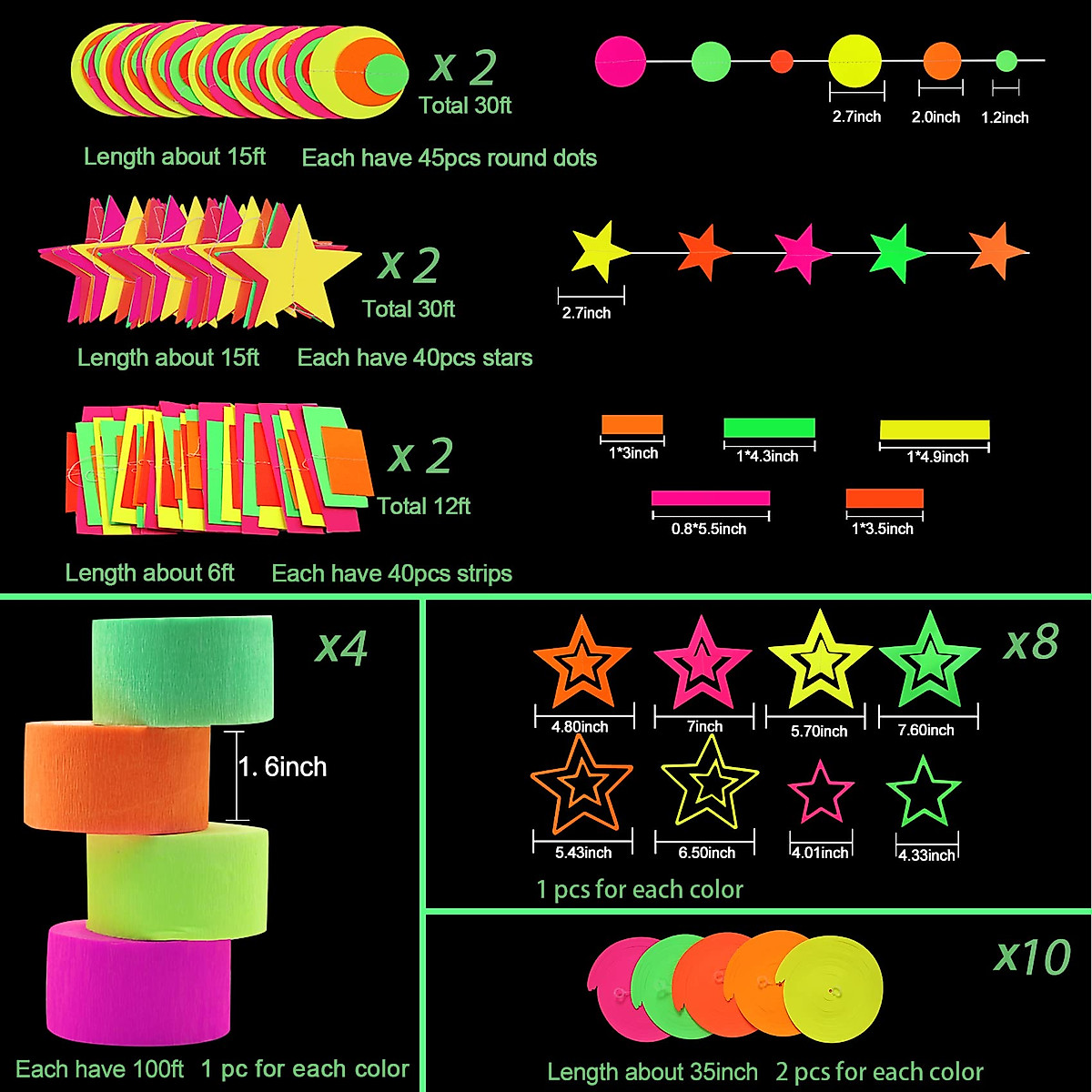 508ft UV Neon Paper Garland Crepe Streamers Glow in The Dark Party Supplies Garland Neon Party Decorations Streamers for Blacklight Reactive Fluorescent Wedding Birthday Party Decorations