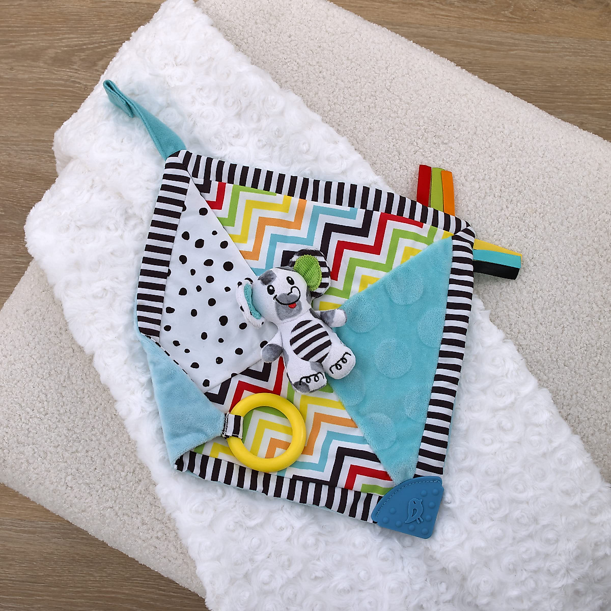 NoJo Sassy Baby Eli Elephant Black, White, and Multi-Colored Super Soft Security Baby Blanket with Teether