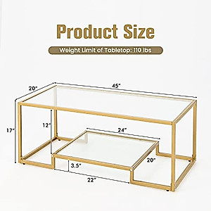 Tangkula Rectangular Glass Coffee Table, 45in Wide Modern Tempered Glass Center Table with Golden Steel Frame, 2 Tier Accent Table Home Furniture Décor for Tea Living Room Office (Gold, 45'' Wide)