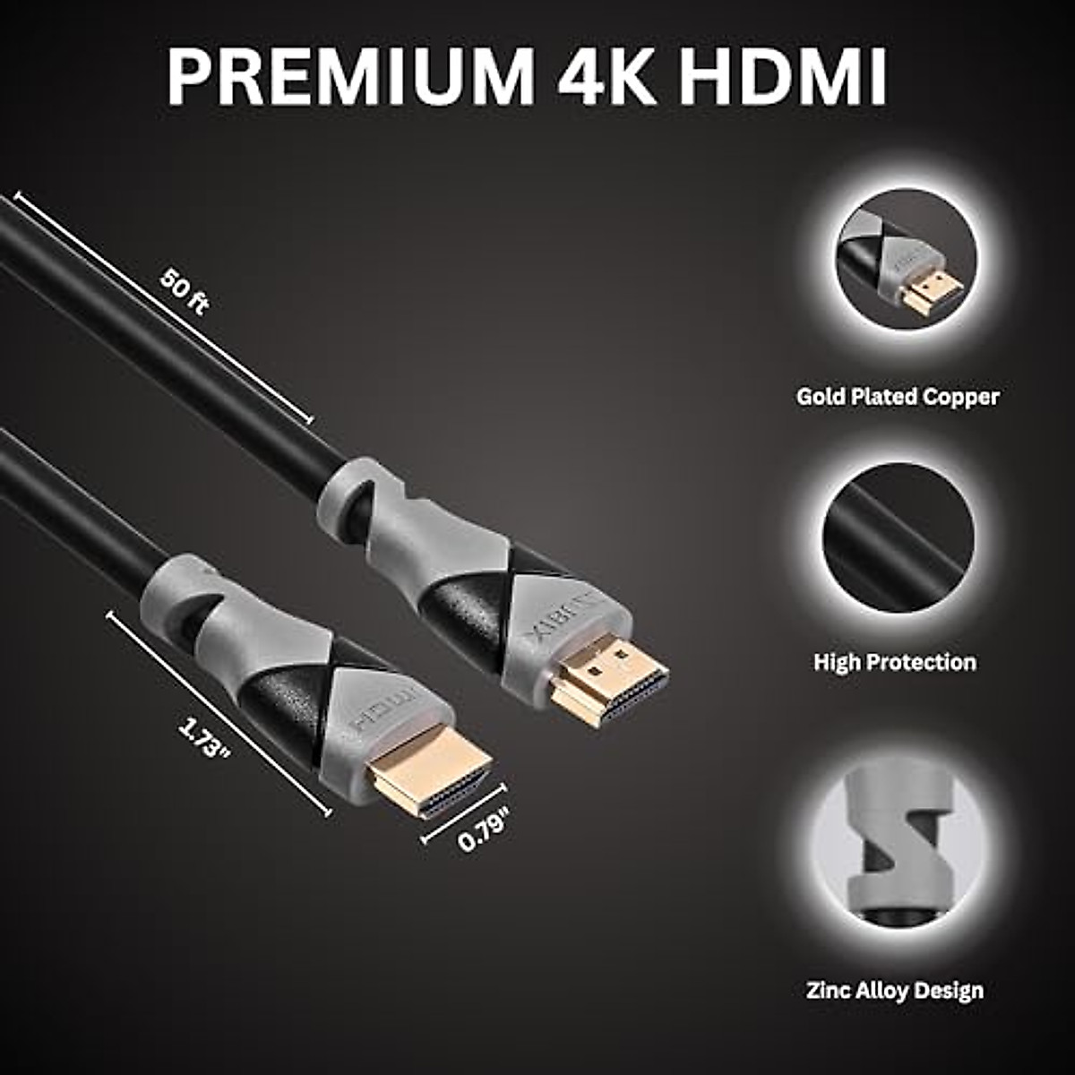 XIBUZZ 50ft 4K HDMI Cable- High-Speed Ultra HD Cord for UHD TVs Gaming Consoles PS5 Xbox Monitors, Experience 4K Brilliance with ARC Enabled 60Hz Display with Flexible and Reliable Base