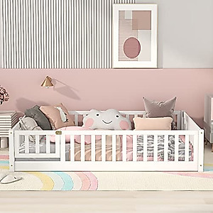 Harper & Bright Designs Full Floor Bed for Kids, Montessori Frame with Fence and Door, Wooden Full Platform Boys Girls, Slats Included, No Box Spring Needed (Full Size, White) White With Slats