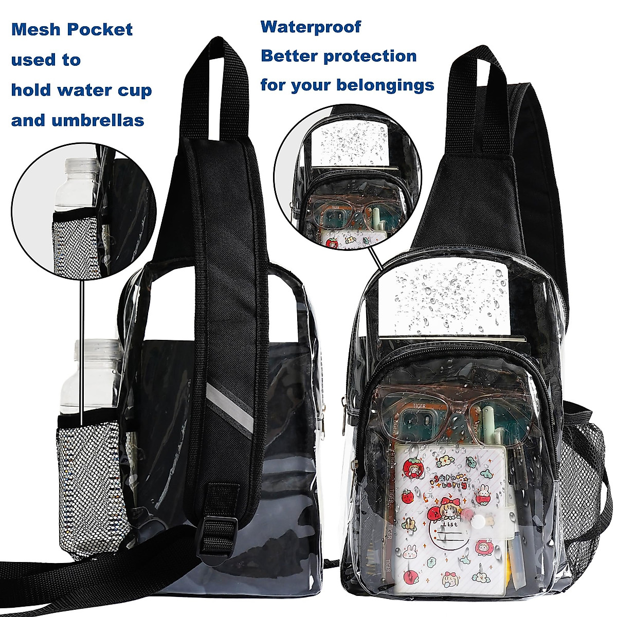 BAJNOKOU Clear Sling Bag Stadium Approved,Crossbody PVC Chest Backpack Mini Transparent Casual Daypack with Adjustable Strap Bags for Women Men Hiking Concerts,Black