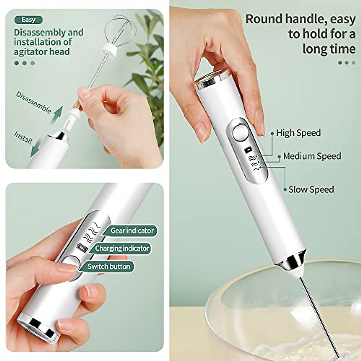 Milk Frother Handheld USB Rechargeable Milk Foam Maker with 2 Stainless Whisks, Mini Blender Mixer 3 Speeds Adjustable for Coffee, Latte, Cappuccino, Matcha, Hot Chocolate, Egg, White