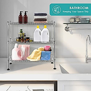 Doredo 3 Tier Wire Shelving Unit, Adjustable Wire Rack Shelving with Leveling Feet, Metal Storage Shelf Unit for Kitchen, Laundry, Pantry, Balcony (18" D x 8" W x 18" H, Chrome)