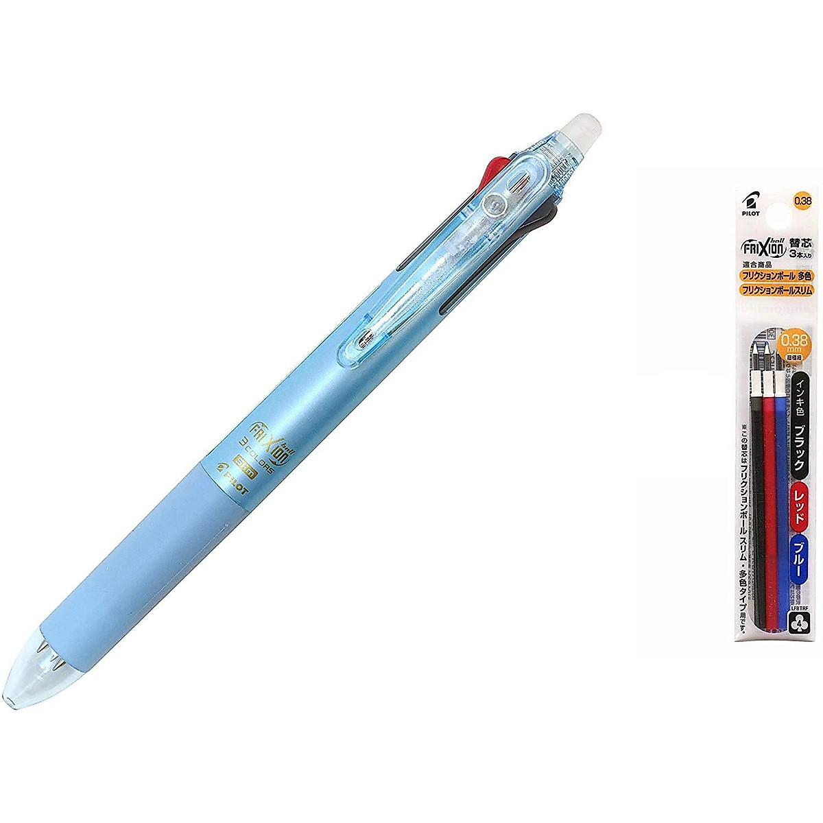 Pilot Erasable Ballpoint Pen Pearl Blue 0.38mm (LKFBS60UF-PL)+0.38mm Refill Black Blue Red 1 Set
