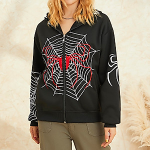 Meiweileya Y2k Full Zip Up Hoodie Spider Skeleton Graphic Jackets for Women Man Teen Girls Aesthetic Harajuku Clothes