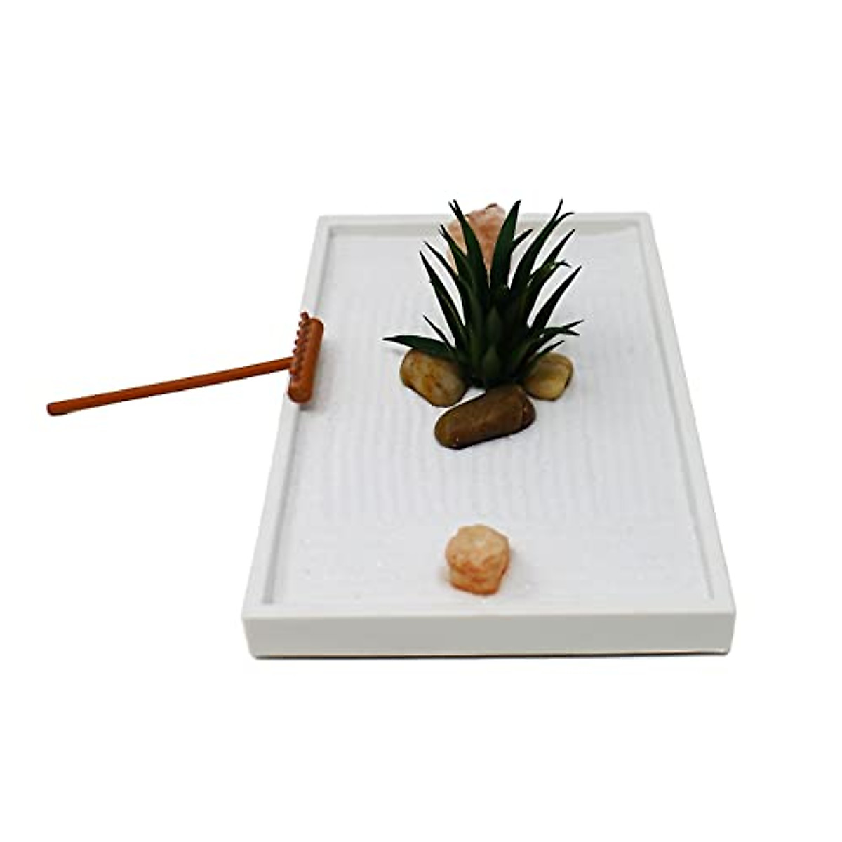 Nature's Mark Mini Zen Garden Kit for Desk with White Sand, Rake, White Base, Salt Rock and Air Plant (Rectangle)