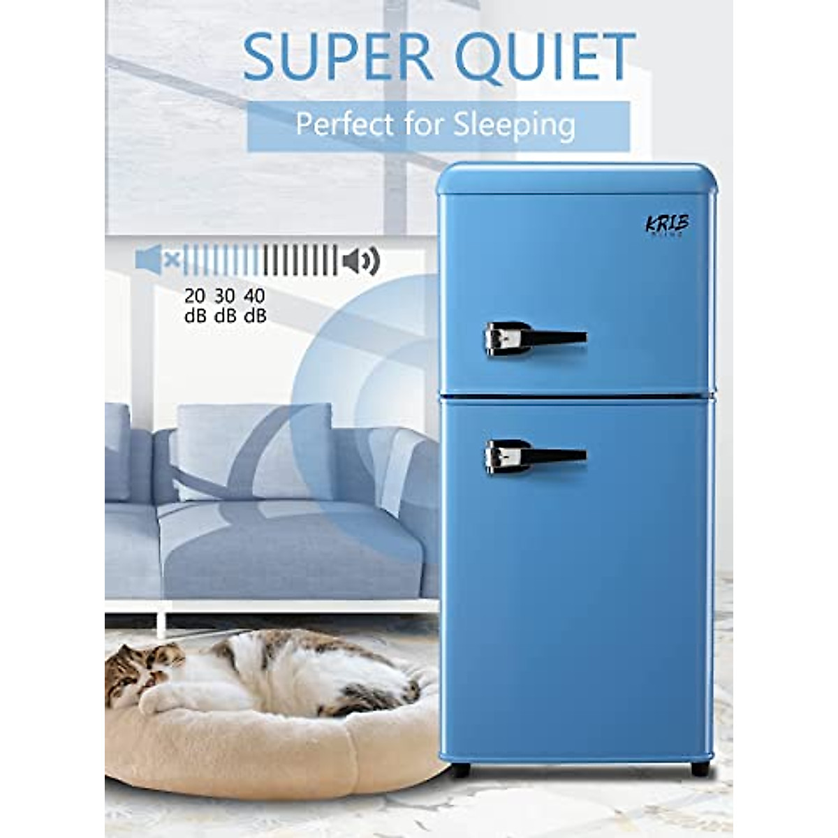 KRIB BLING Refrigerator with Freezer 3.5 Cu.Ft with 7 Level Adjustable Thermostat Control 2 Door Energy Saving Top-Freezer Compact Refrigerator Blue