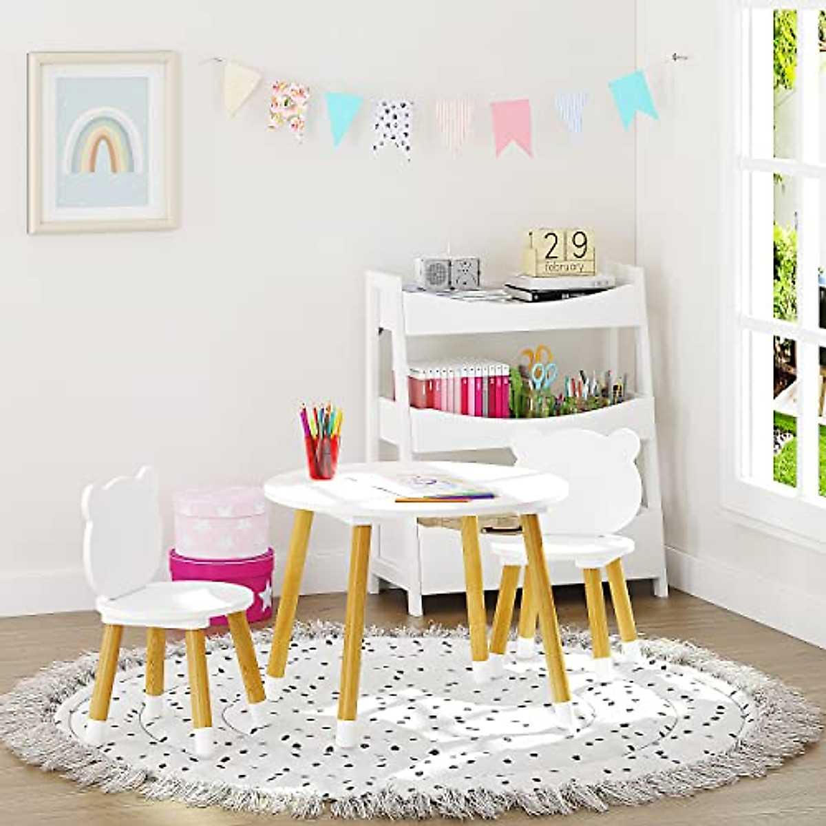 UTEX Kids Wood Table and Chair Set, Kids Play Table with 2 Chairs,3 Pieces Round Play Tablet for Toddlers, Girls, Boys,White