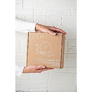 Unna Margarita Salt Rimmer Set - Large Acacia Bar Salt and Sugar Rimmer, Fits up to 5.5in Glasses, Citrus Reamer, Stainless Steel Cocktail Jigger, 2 Cork Drink Coasters, 4 Unique Recipes