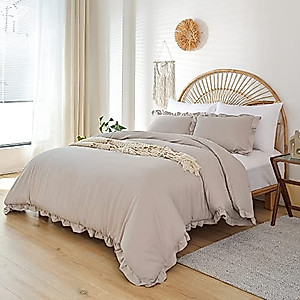 JANZAA Vintage Bedding Set Soft Shabby Chic Fluffy All Season Queen Oatmeal Comforter Set 3PCS(1 Ruffled Comforter Set and 2 Pillowcases)