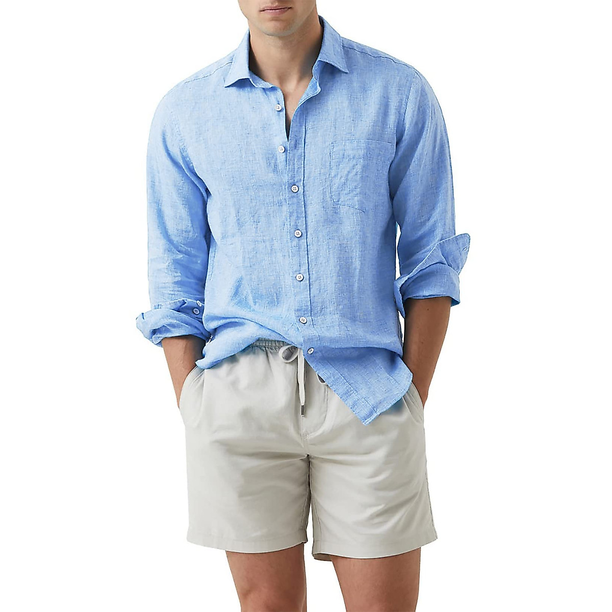 JMIERR Men's Cotton Linen Casual Stylish Button Down Shirt Long Sleeve Business Dress Shirts Fashion Summer Beach Shirts for Men Old Money Resort Wear with Pocket, US 43(L), Sky Blue