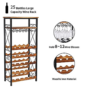 Floor Wine Rack 25 Bottles with Wine Glass Holder Rack, Freestanding Wine Rack with Table Top and Open Shelf, Wobble-Free Wine Bottle Organizer Shelf, Wine Display Storage Stand for Kitchen Pantry Bar