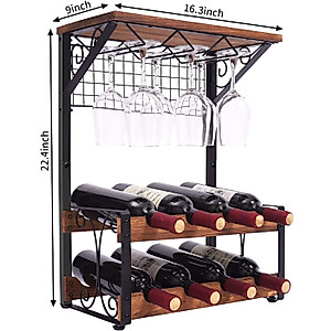 X-cosrack 2 Tier Solid Wood Wine Rack, Hold 8 Wine Bottles and 6 Glasses Countertop Wine Storage Stand, Freestanding Wine Holder Display Shelves for Kitchen, Pantry, Cellar, Bar