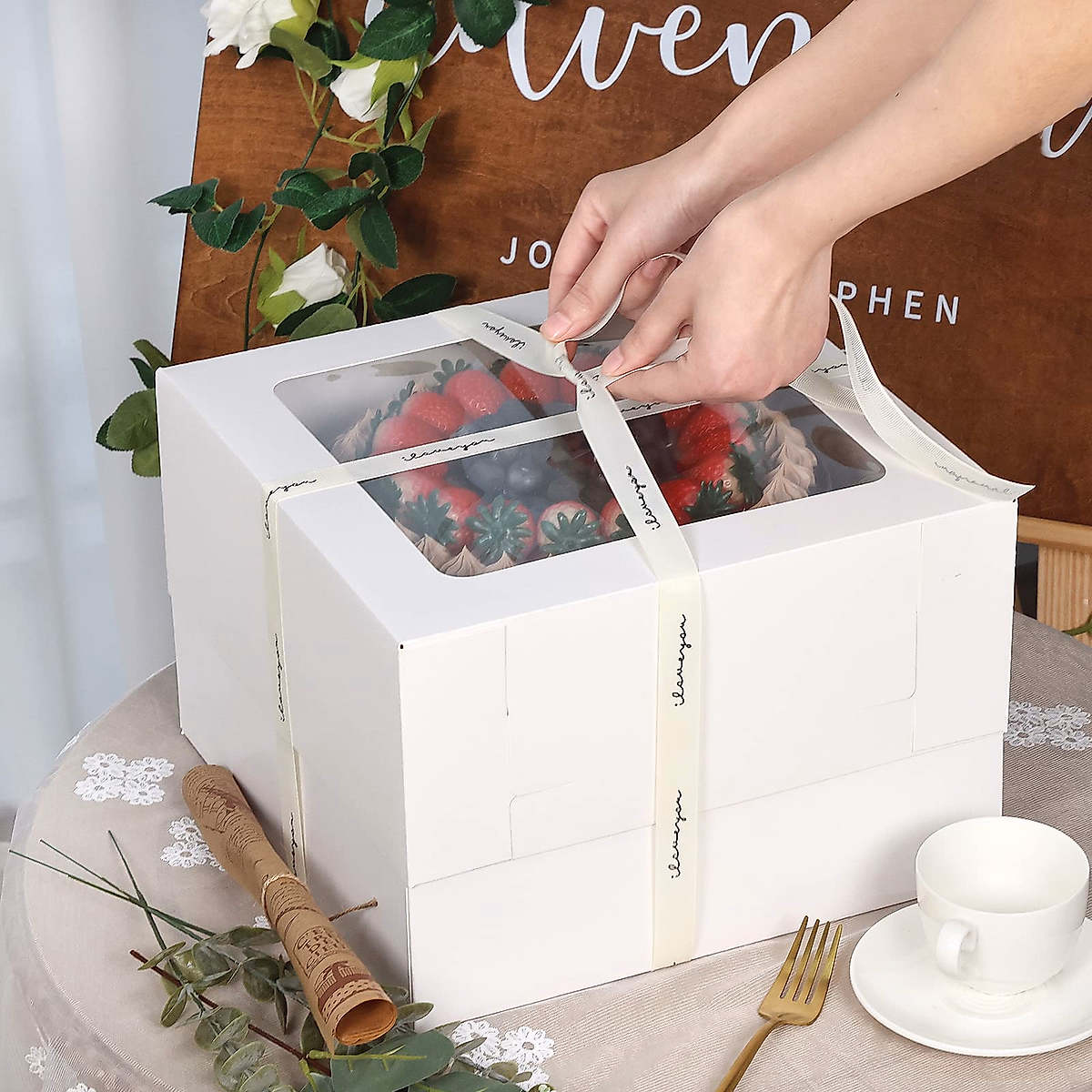 Moretoes 10pcs Cake Boxes 12x12x8 Inch White Bakery Boxes with Window Tall Dessert Cardboard Boxes for Cakes Cupcakes Pies Donuts Cookies Boxes, for Valentine's Day Mother's Day