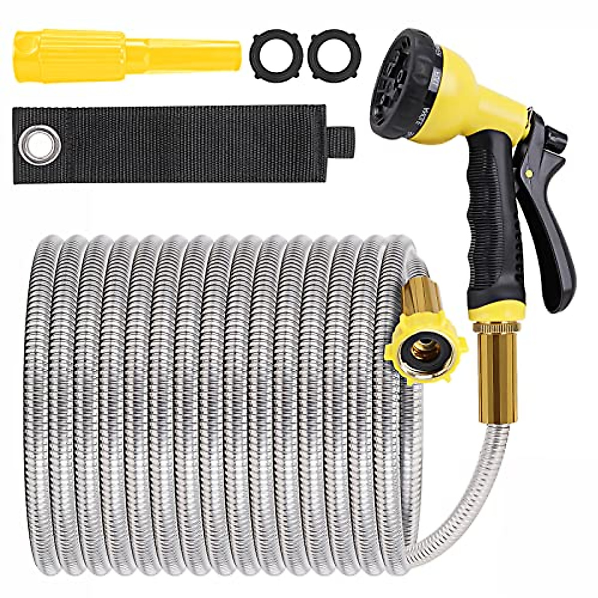 AMLEGEN Metal Water Garden Hose 50ft - Heavy Duty Stainless Steel, 8-Function Sprayer & Adjustable Nozzle, Lightweight & Flexible, Tangle Free & Kink Free, Dog Proof, for Lawn/Yard/Outdoor/RV