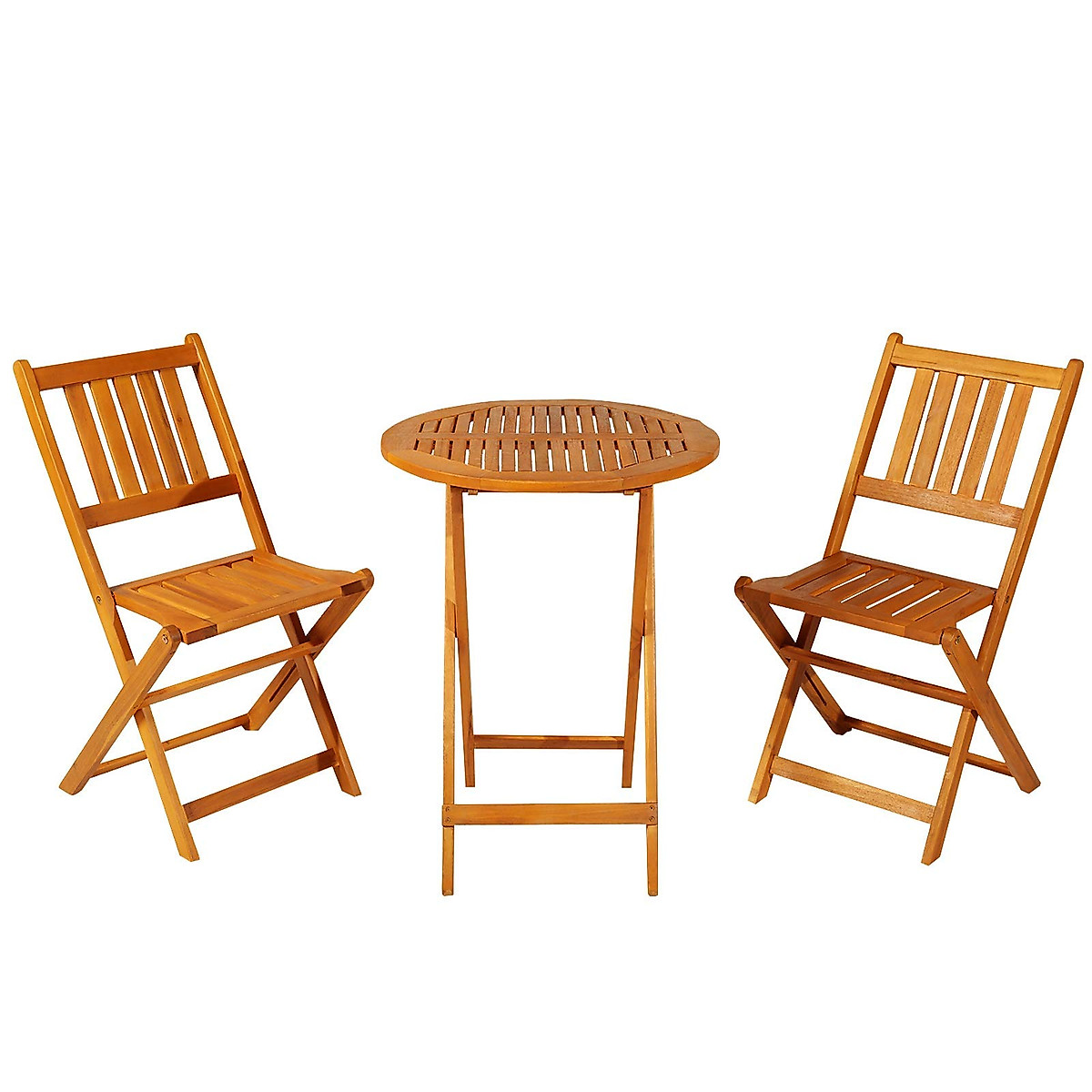 Outsunny 3-Piece Acacia Wood Bistro Set, Folding Patio Furniture with 2 Folding Chairs and Round Coffee Table, Teak, Slatted Finish, for Backyard, Balcony, Deck, Natural