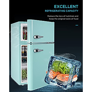 WATOOR 3.2 CU. FT. Mini Refrigerator With Freezer - Removable Glass Shelves and Basket - 7 Temp Setting - Small Drink Food Storage Cooler for Office, Dorm, Apartment, Bedroom, Mint Green