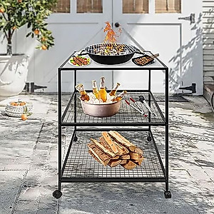 KarweuSu 3-Tier Shelf Food Preparation BBQ, Outdoor Cook Adjustable Station Table with Wheels, Heightened Bottom Grill Serving Cart Movable Trolley Storage (with Handle)