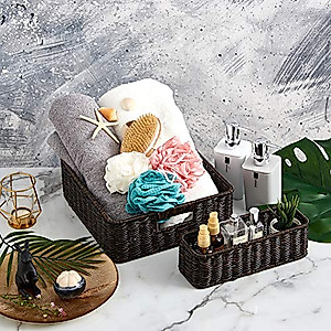 EZOWare Set of 4 Decorative Woven Storage Tray Bins, Resin Wicker Tray Drawer Organizer Basket Containers for Baby Nursery Room - 2 Sizes, Dark Brown