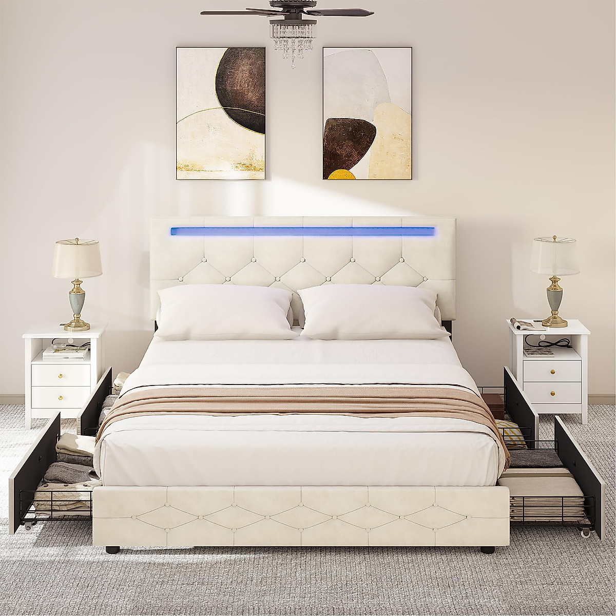 YITAHOME Beige Queen Bed Frame, LED Platform Bed with Wooden Slat, Adjustable Upholstered Headboard Bed with 4 Storage Drawers, No Box Spring Required, Easy Assembly