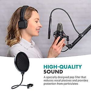 Movo PF-6 Dual Layer Nylon Mesh Microphone Pop filter, Gooseneck Arm and Clamp Mount. Pop Filter Delivers Professional Sound Quality Compatible with Blue Yeti, Blue Snowball Microphones and more
