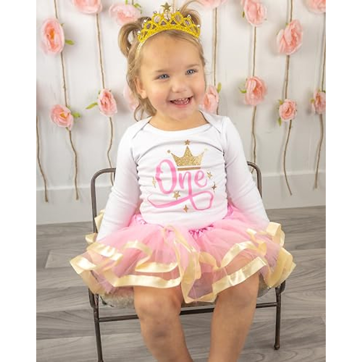 1st First 2nd Second Birthday Party Outfit- Baby Girl Pink Gold Silver Princess Tutu Set and Crown