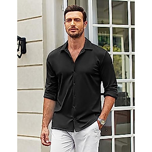 COOFANDY Men's Long Sleeve Button Down Shirts Stretchy Business Casual Shirt Black