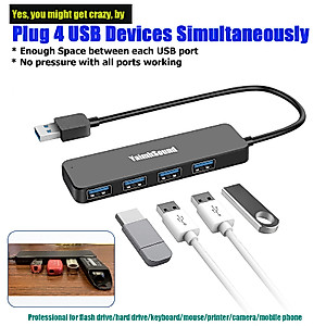 4-Port USB Hub 3.0, YaimhSound USB Splitter for Laptop, Keyboard and Mouse Adapter for Dell, Asus, HP, MacBook Air, Surface Pro, Acer, Xbox, Flash Drive, HDD, Console, Printer, Camera