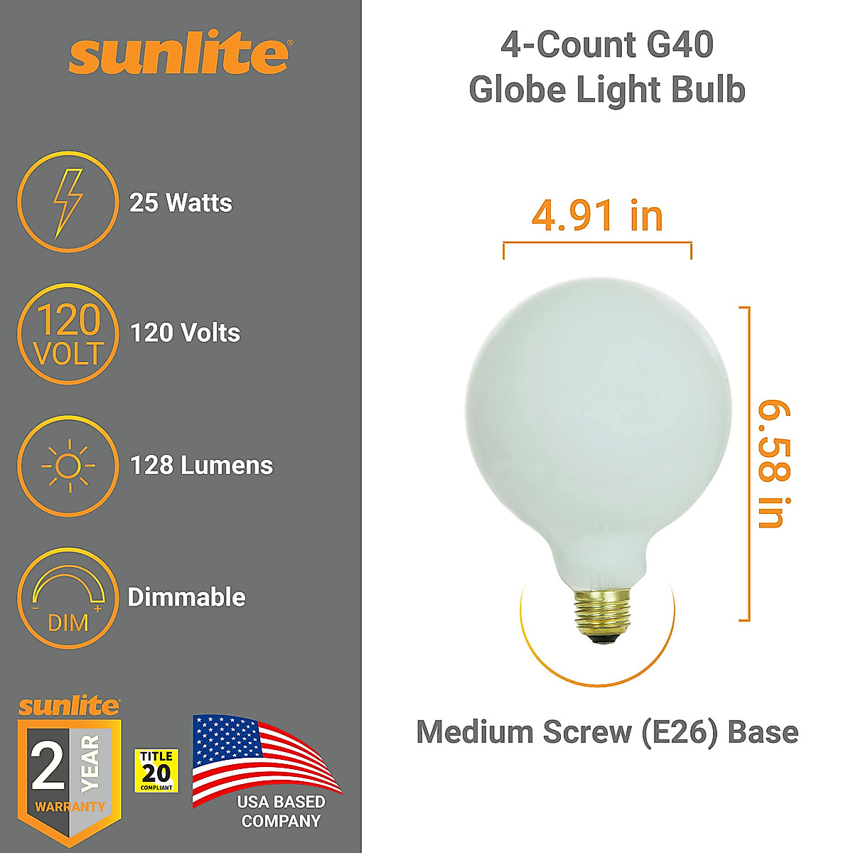 Sunlite 41688 Incandescent G40 Globe Light Bulb, Frosted, 60 Watts, 498 Lumens, Medium E26 Base, Decorative, Dimmable, Pendant, Vanity Mirror, 2600K Warm White, 4 Count