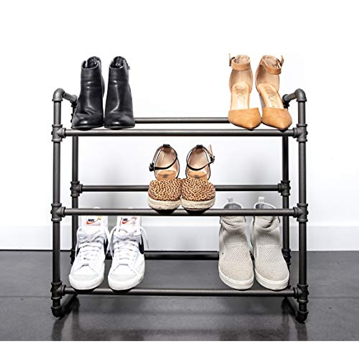 Real Home Innovations Modern Industrial Style 3 Tier Shoe Rack, 26.2” W x 8.2” D x 24”H, Satin Pewter