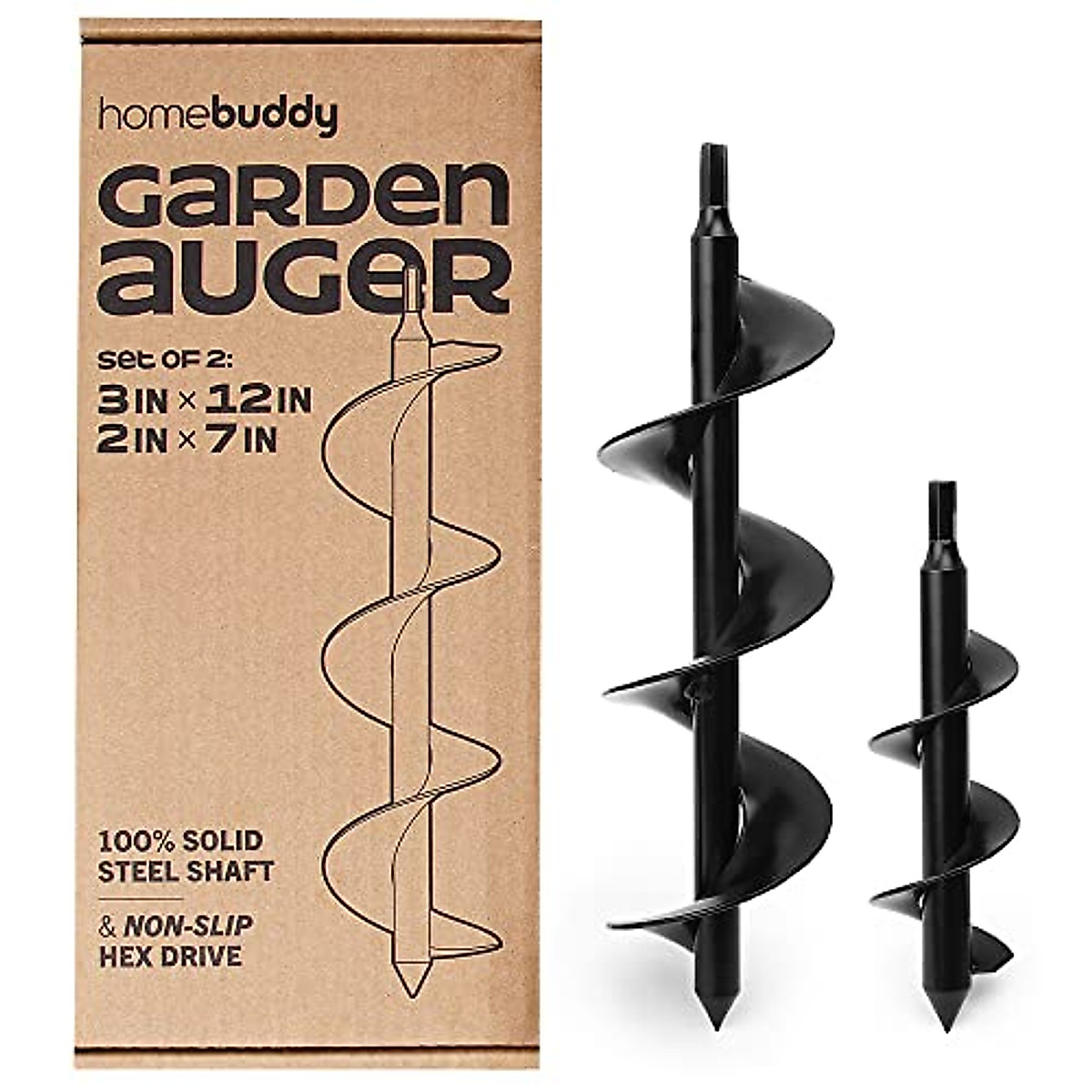 HomeBuddy Garden Auger Drill Bit Set - 3x12 and 2x7 Inch Drill Auger Bit for Planting, Hole Digging, Sturdy Bulb Planter Tool with Non-Slip Hexagon Chuck, Spiral Soil Auger