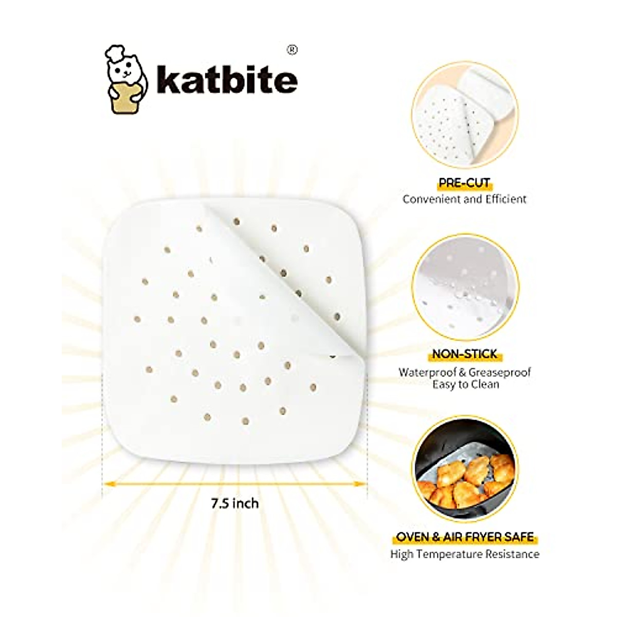 Katbite Air Fryer Parchment Paper, 7.5 inch Heavy Duty Square Air Fryer Liners, Perforated Parchment Paper for Air Fryer, Oven, Steamer, Pans, Extra Strong, No Burn, Easy Cleanup, 120Pcs