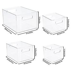 elabo Set of 4 Kitchen Organization Pantry Storage Bins, Refrigerator Organizer Bins, Food Storage Organizer Bins with Handle for Kitchen Cabinet, Freezer, Fridge, Countertop, Clear Plastic BPA Free