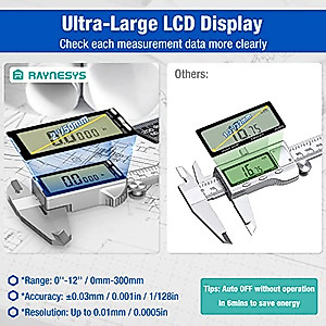 Raynesys Digital Caliper 12 Inch with Large LCD Screen, Inch/MM/Fraction Conversion, 300mm Micrometer Caliper All Stainless Steel Diameter Measuring Tool for Jewelers/Woodworkers/DIY