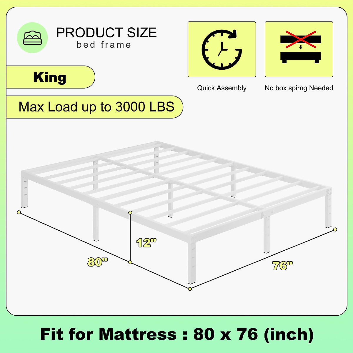 Cieemine 12 Inch White King Size Bed Frame, Heavy Duty King Size Platform Bed Frame, Mattress Foundation, No Box Spring Needed, Easy Assembly, Noise-Free