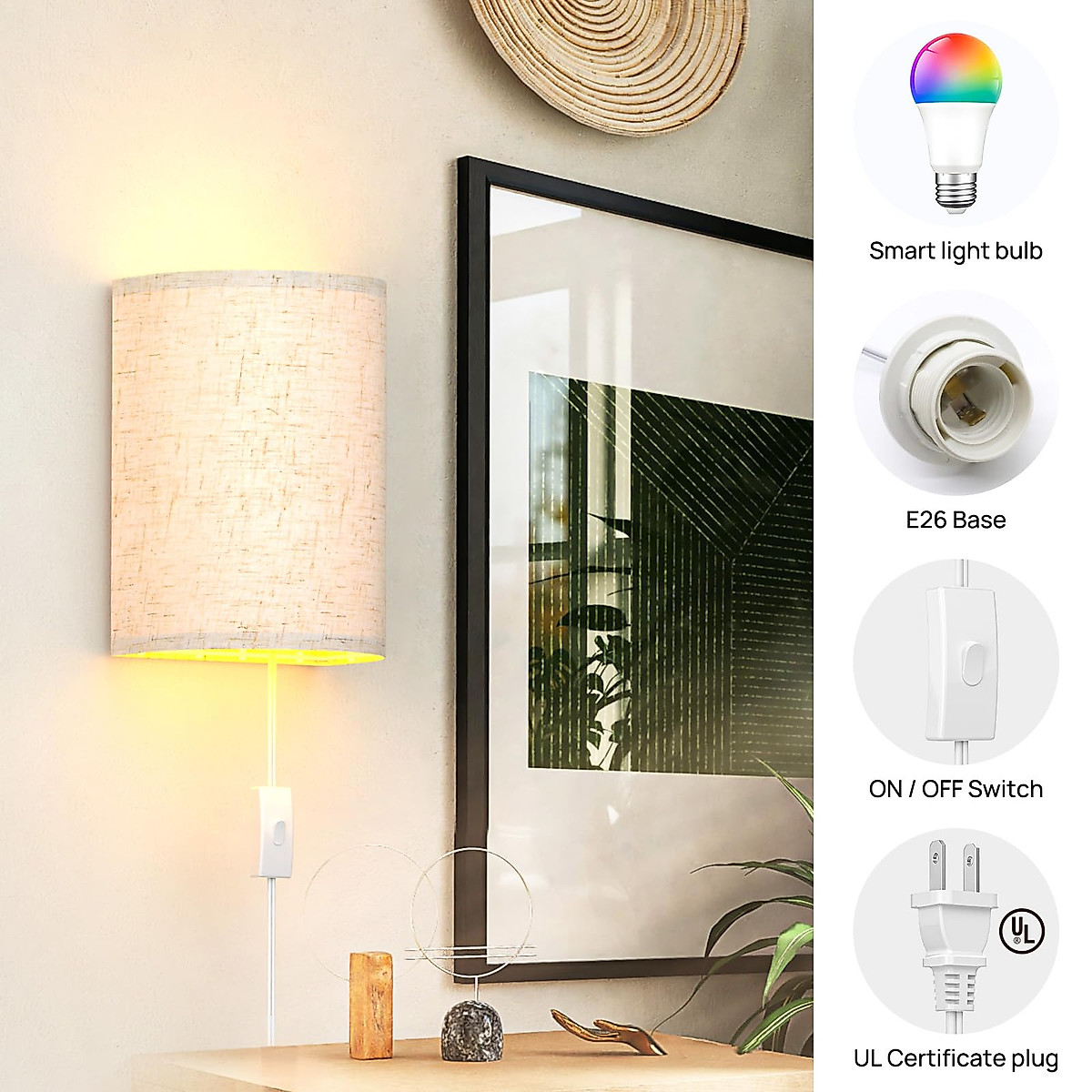 Lenarinter Wall Lamp with Plug in Cord Set of 2, Battery Operated Wall Sconces with RGB Smart Bulb & Switch Control, Linen Fabric Shade, Indoor Wall Lights for Bedroom Living Room Hallway