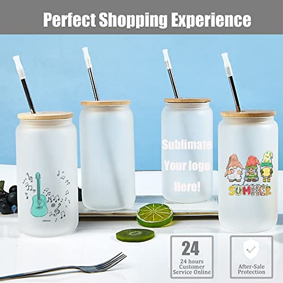 WindMage 4 packs 16 oz Frosted Sublimation Glass Cans Blanks with Bamboo Lid, Stainless Straw, Brush, Silicone Tip, Reusable Drinking Beer Cans Iced Coffee Glasses Jar Tumbler Cups