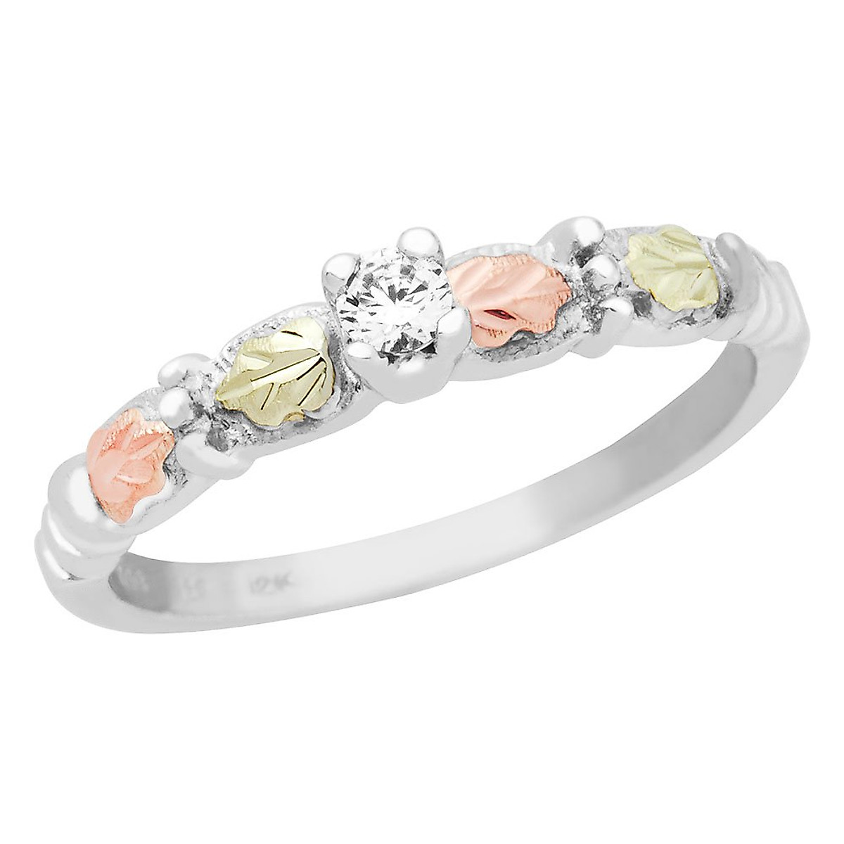 CZ Wedding and Engagement Ring Set, Sterling Silver, 12k Green and Rose Gold Black Hills Gold Motif, Size 9