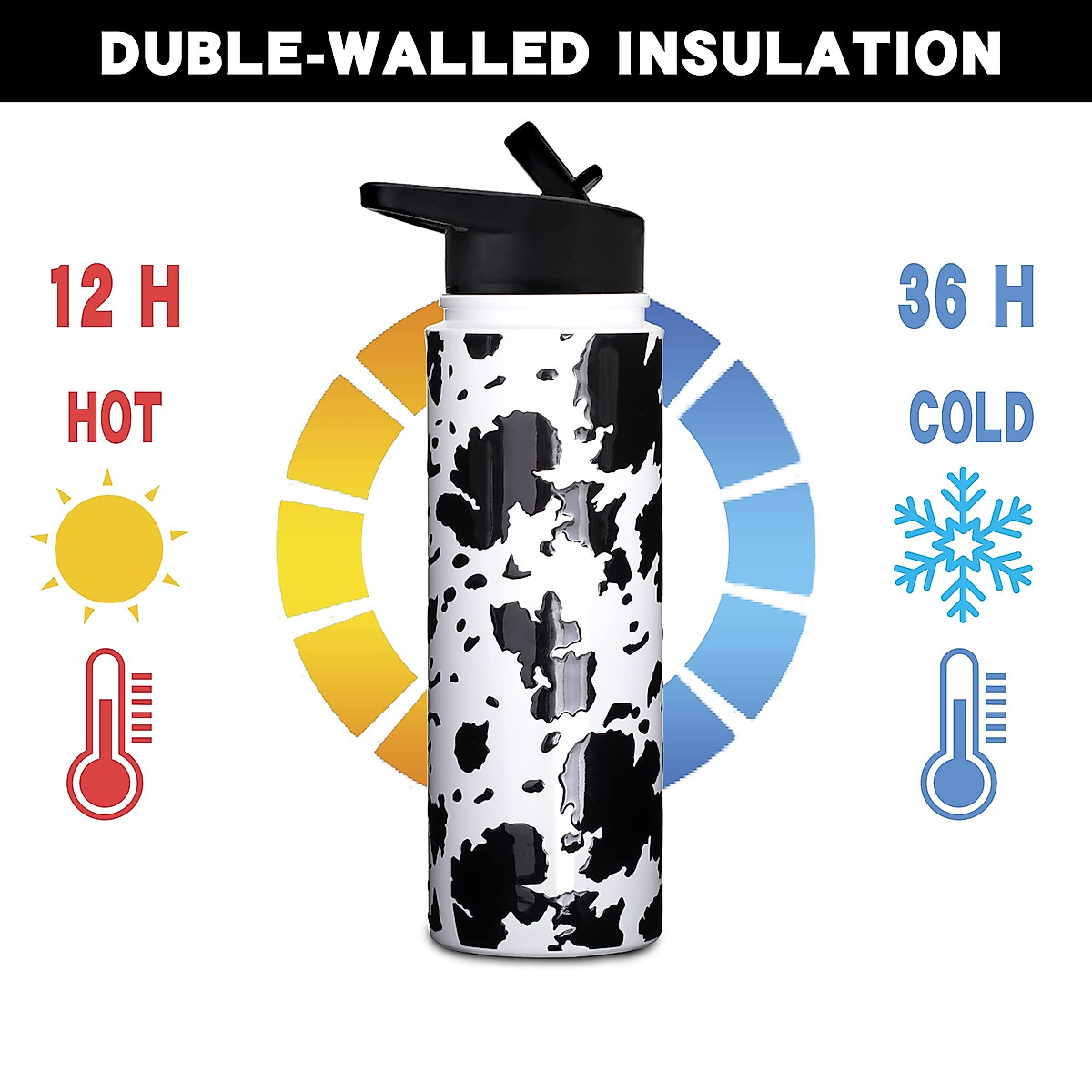 Boelia Cow Print Water Bottles Insulated Stainless Steel Water Bottle,4 lids Water Bottle with Straw Vacuum Insulated Keep Hot and Cold BPA Free 24 oz for Workout，Travel，Sports, Camping